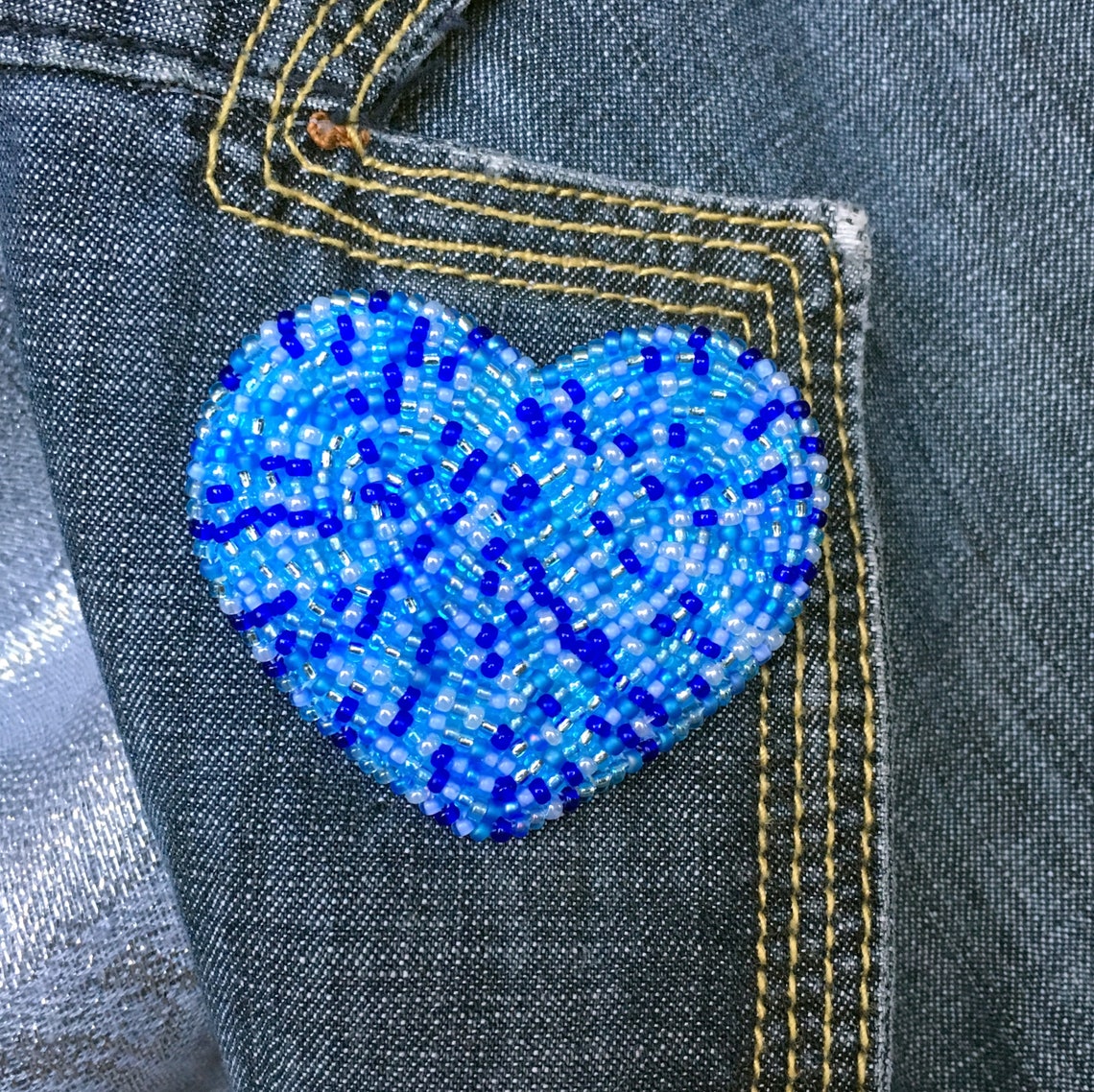 Hand Beaded Heart Brooch, Lapel Pin, Shades of Blue Corsage, Perfect ...
