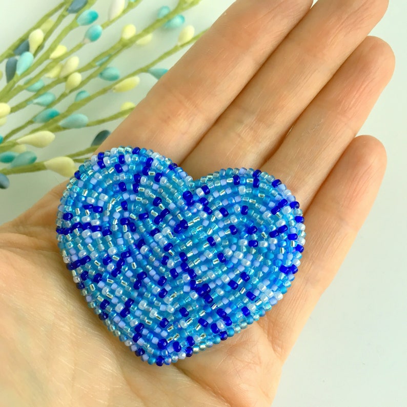 Hand Beaded Heart Brooch, Lapel Pin, Shades of Blue Corsage, Perfect ...