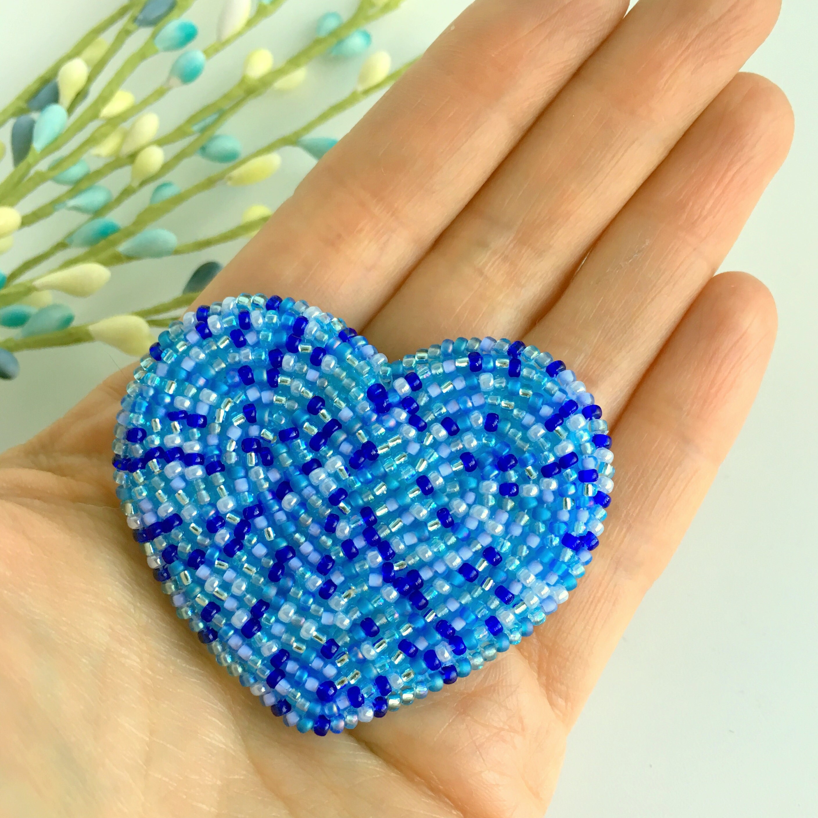 Hand Beaded Heart Brooch, Lapel Pin, Shades of Blue Corsage, Perfect ...
