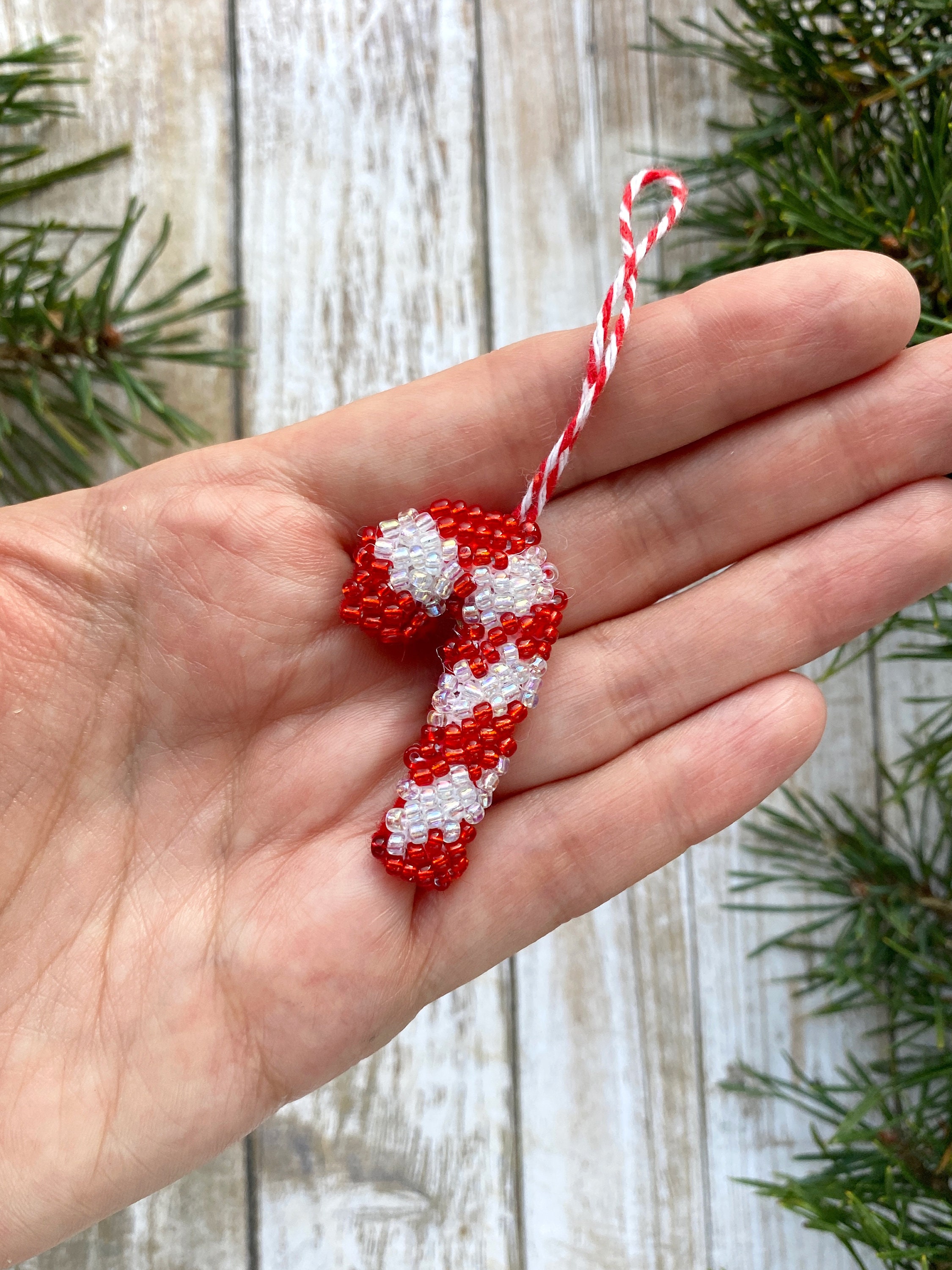 Miniature Candy Cane Ornament, Tiny Tree Decorations Hand Beaded in Red ...