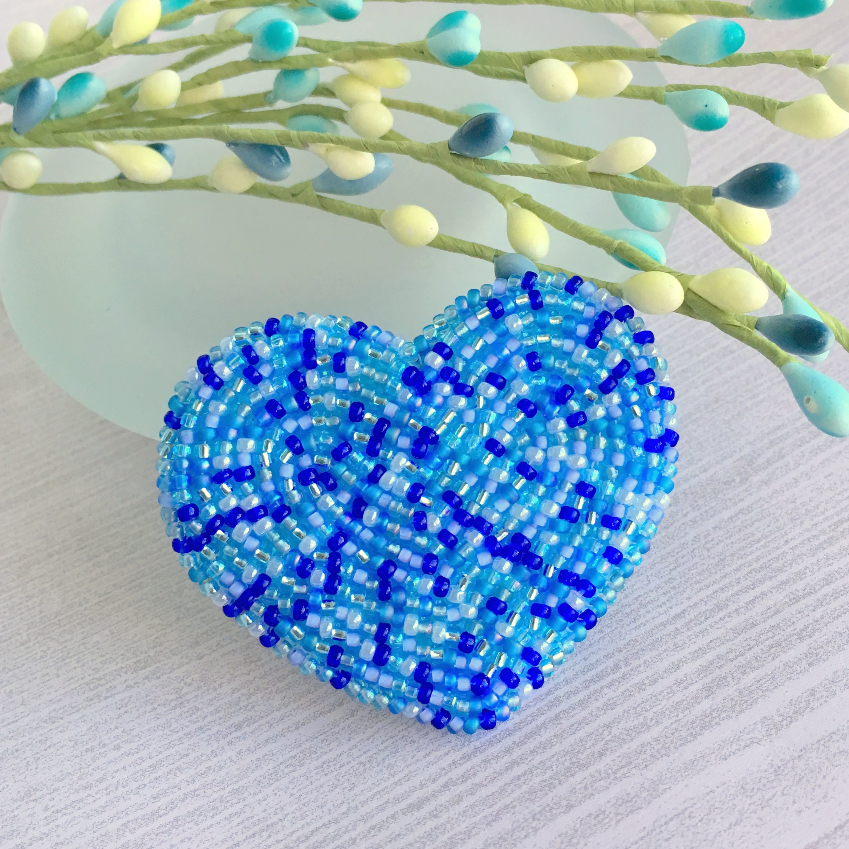 Hand Beaded Heart Brooch, Lapel Pin, Shades of Blue Corsage, Perfect ...