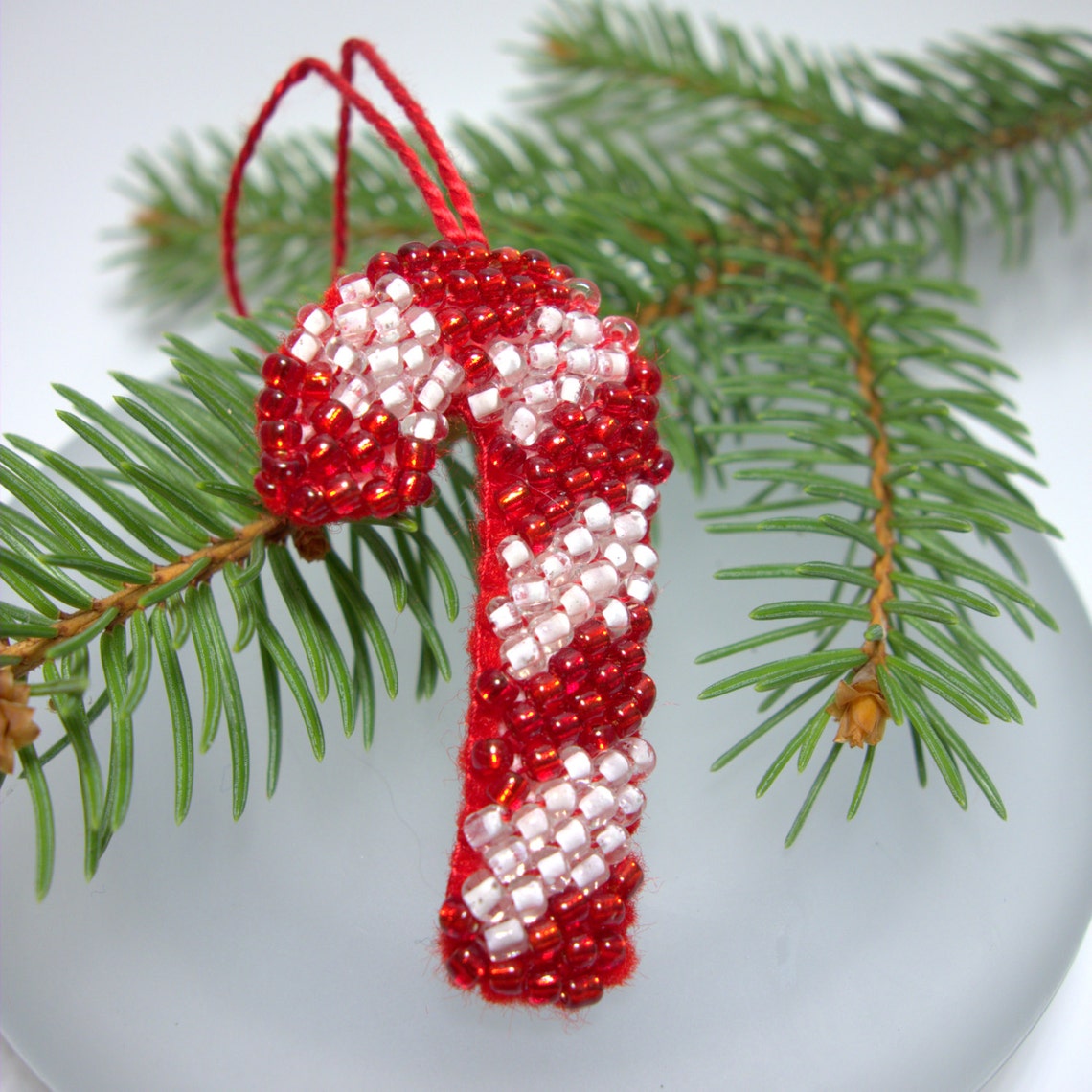 Miniature Candy Cane Ornament, Tiny Tree Decorations Hand Beaded in Red ...