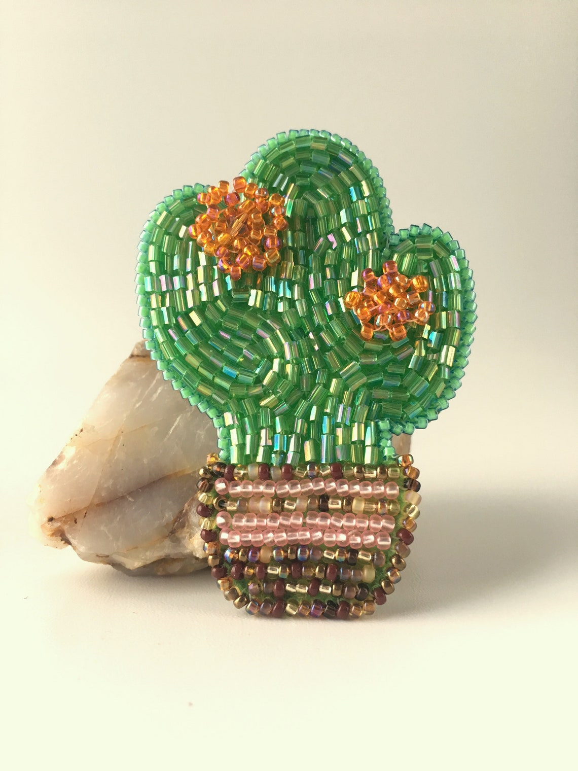 Cactus Brooch Cute Hand Beaded Cactus Plant Pin with Orange | Etsy