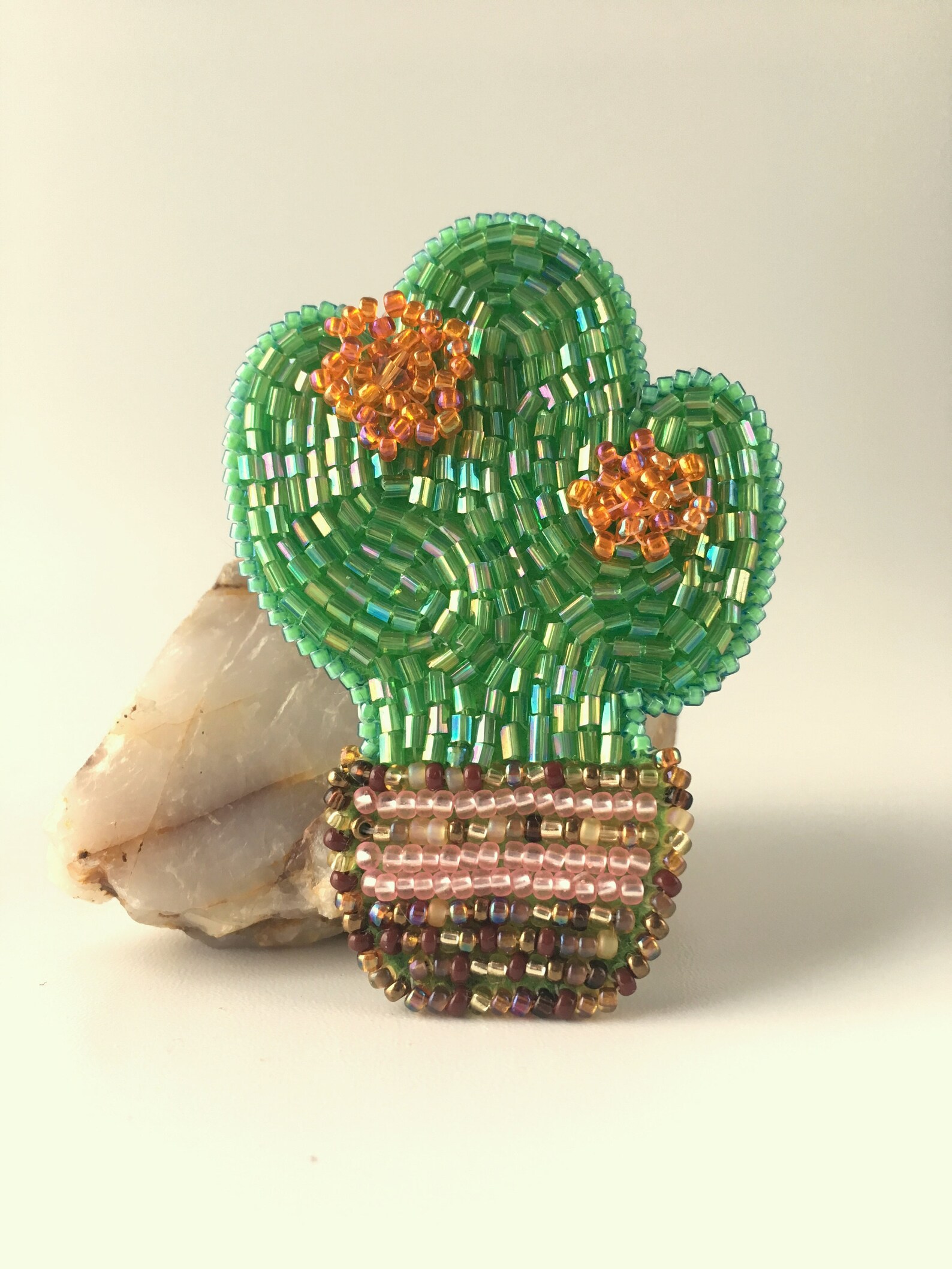 Cactus Brooch Cute Hand Beaded Cactus Plant Pin with Orange | Etsy