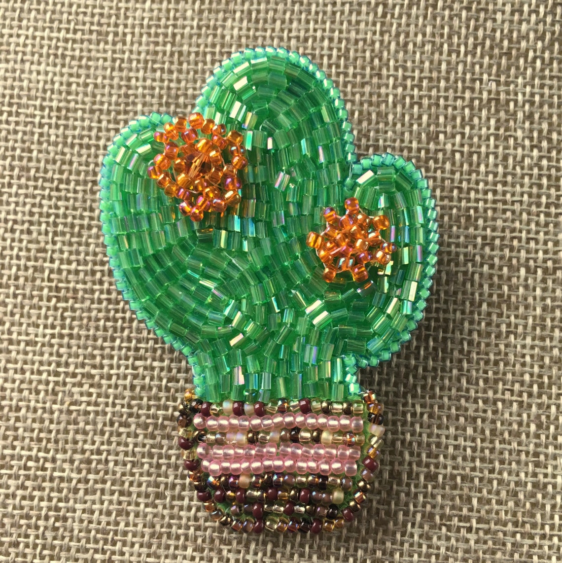 Cactus Brooch Cute Hand Beaded Cactus Plant Pin with Orange | Etsy