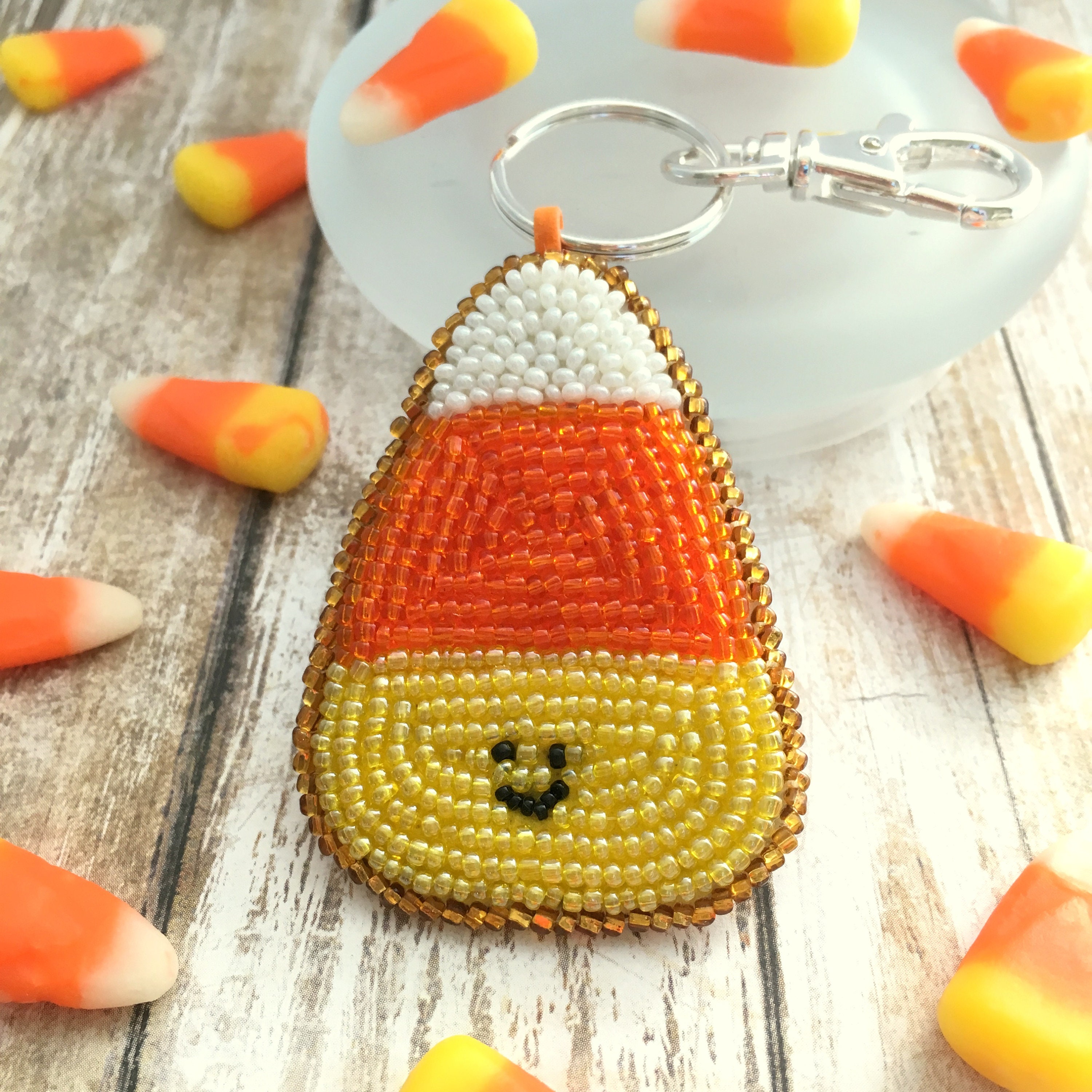 Beaded Candy Corn Keychain or Pendant, Hand Embroidered Fall Gift ...