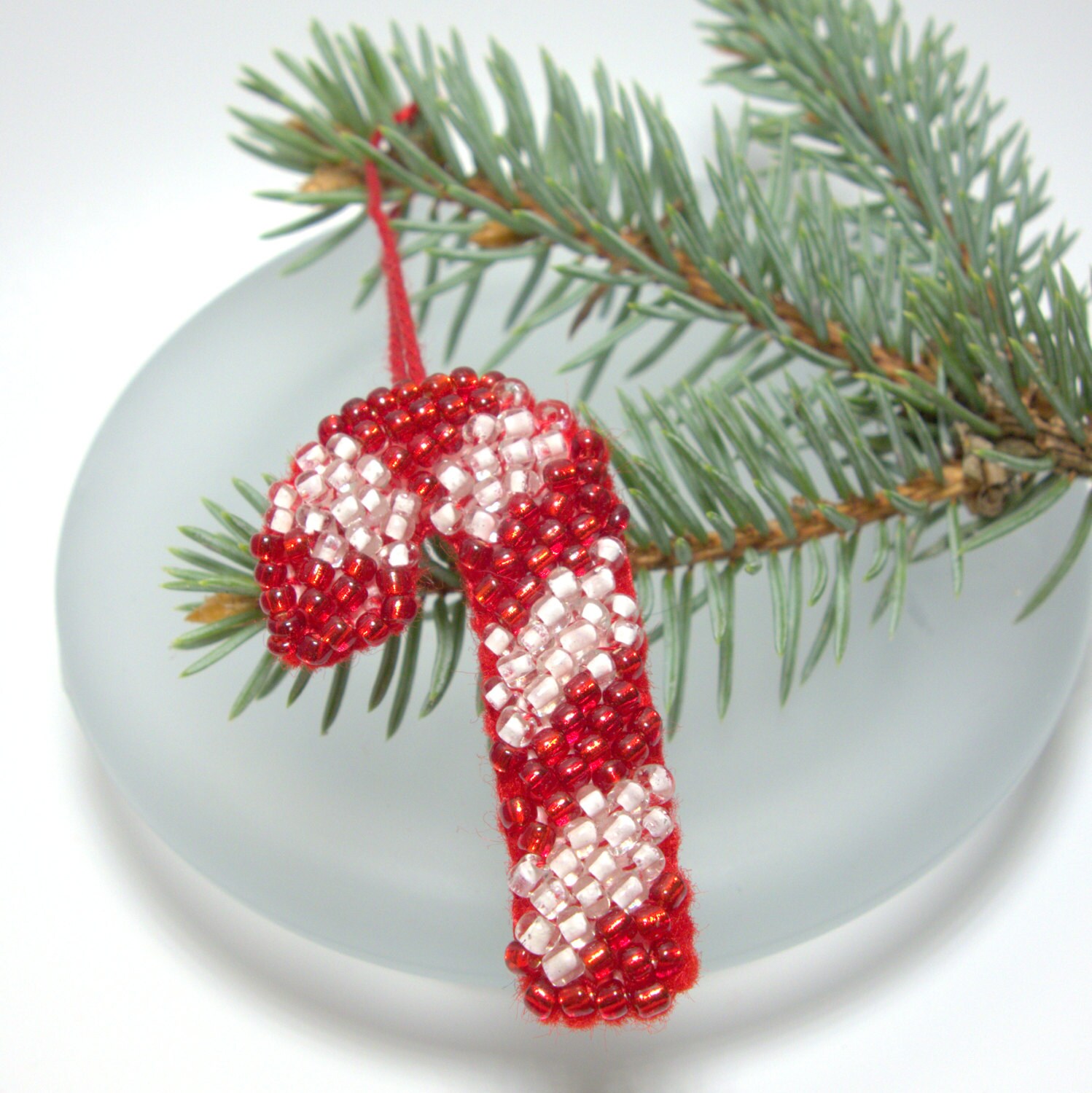 Miniature Candy Cane Ornament, Tiny Tree Decorations Hand Beaded in Red ...