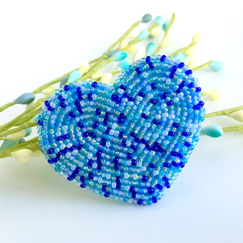 Hand Beaded Heart Brooch, Lapel Pin, Shades of Blue Corsage, Perfect ...
