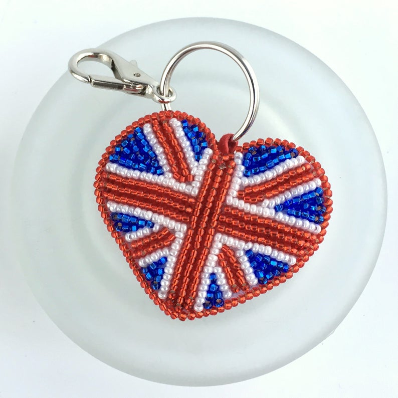 Union Jack Heart Keychain Hand Beaded UK Flag Winter - Etsy