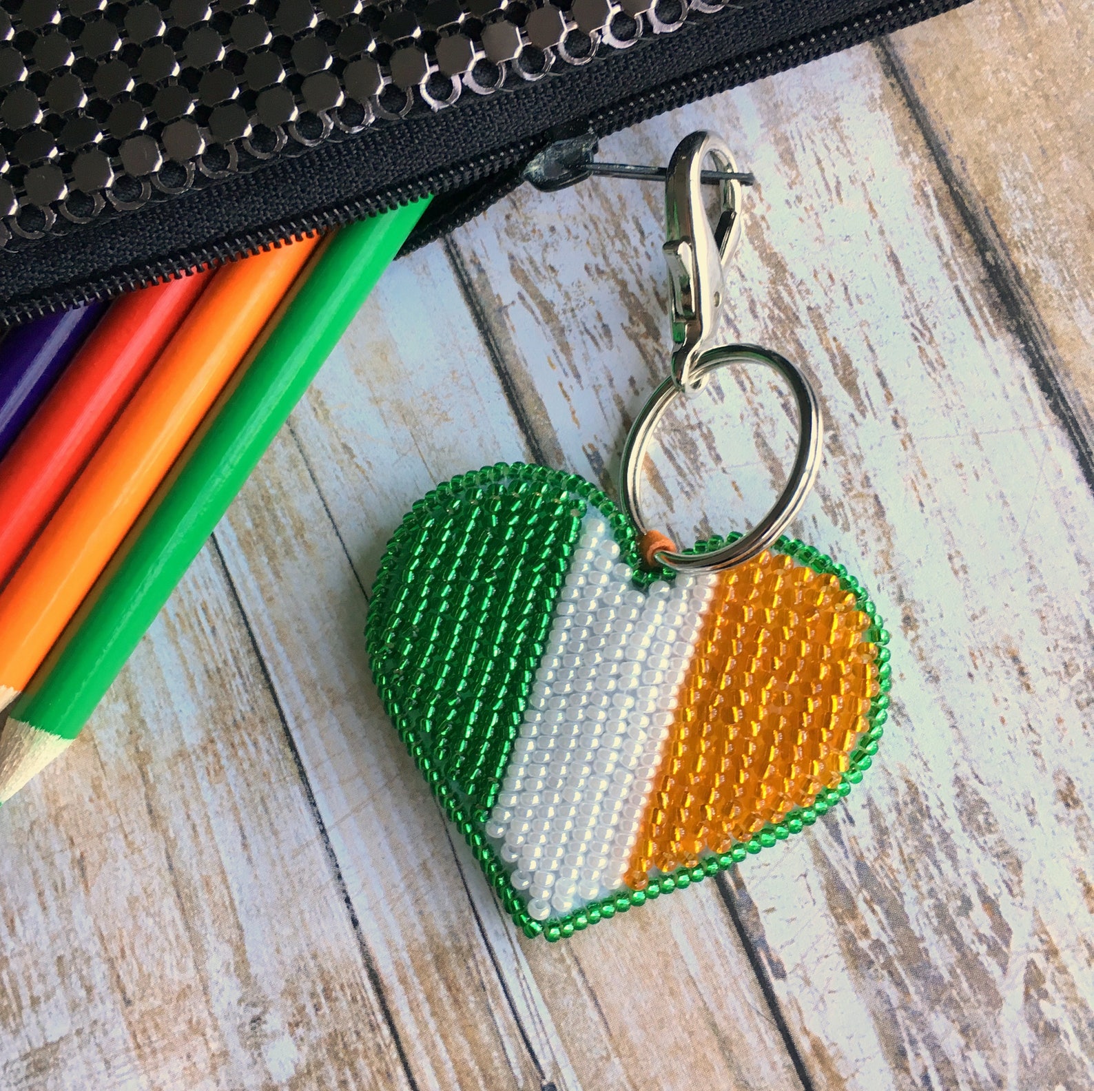 Irish Flag Keychain, Hand Beaded Irish Tricolour, Republic of Ireland ...