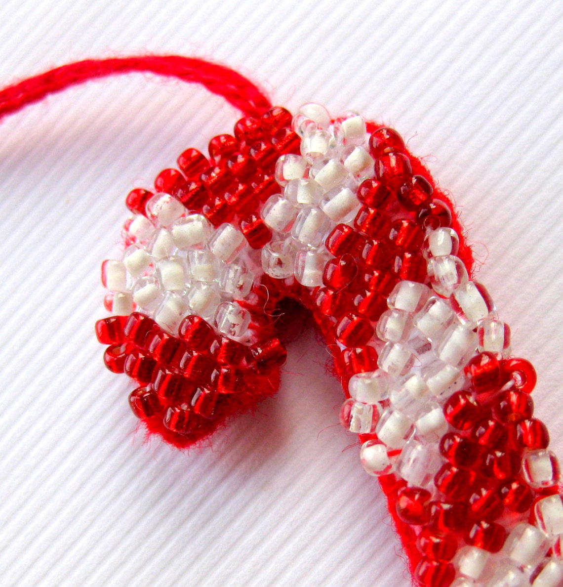Miniature Candy Cane Ornament, Tiny Tree Decorations Hand Beaded in Red ...
