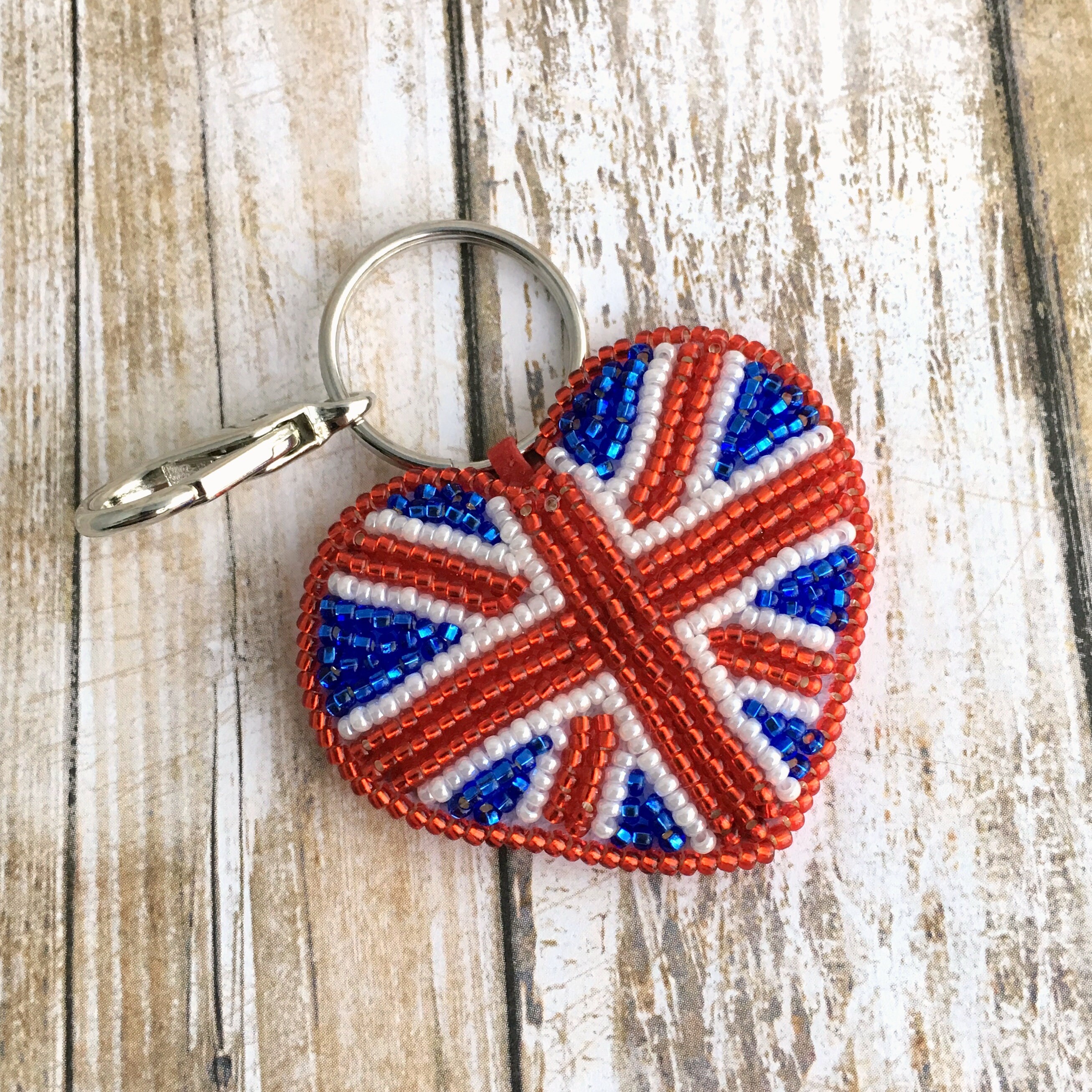 Union Jack Heart Keychain, Hand Beaded UK Flag, Winter Olympics, Great ...