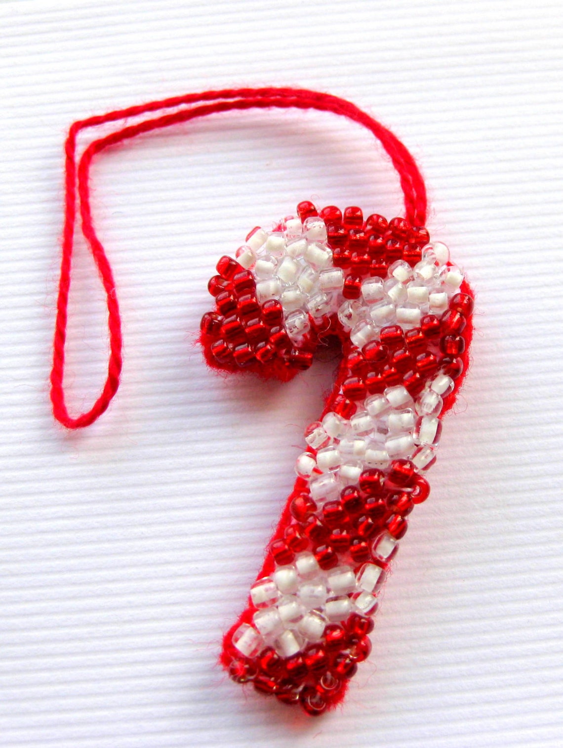 Miniature Candy Cane Ornament, Tiny Tree Decorations Hand Beaded in Red ...