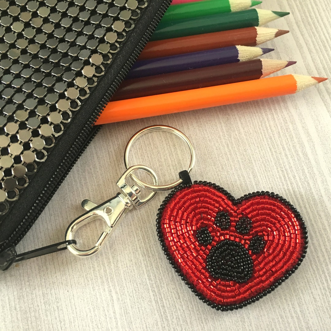 Pawprint Heart Keychain, Red Black, Backpack Charm, Gift Idea for Pet ...