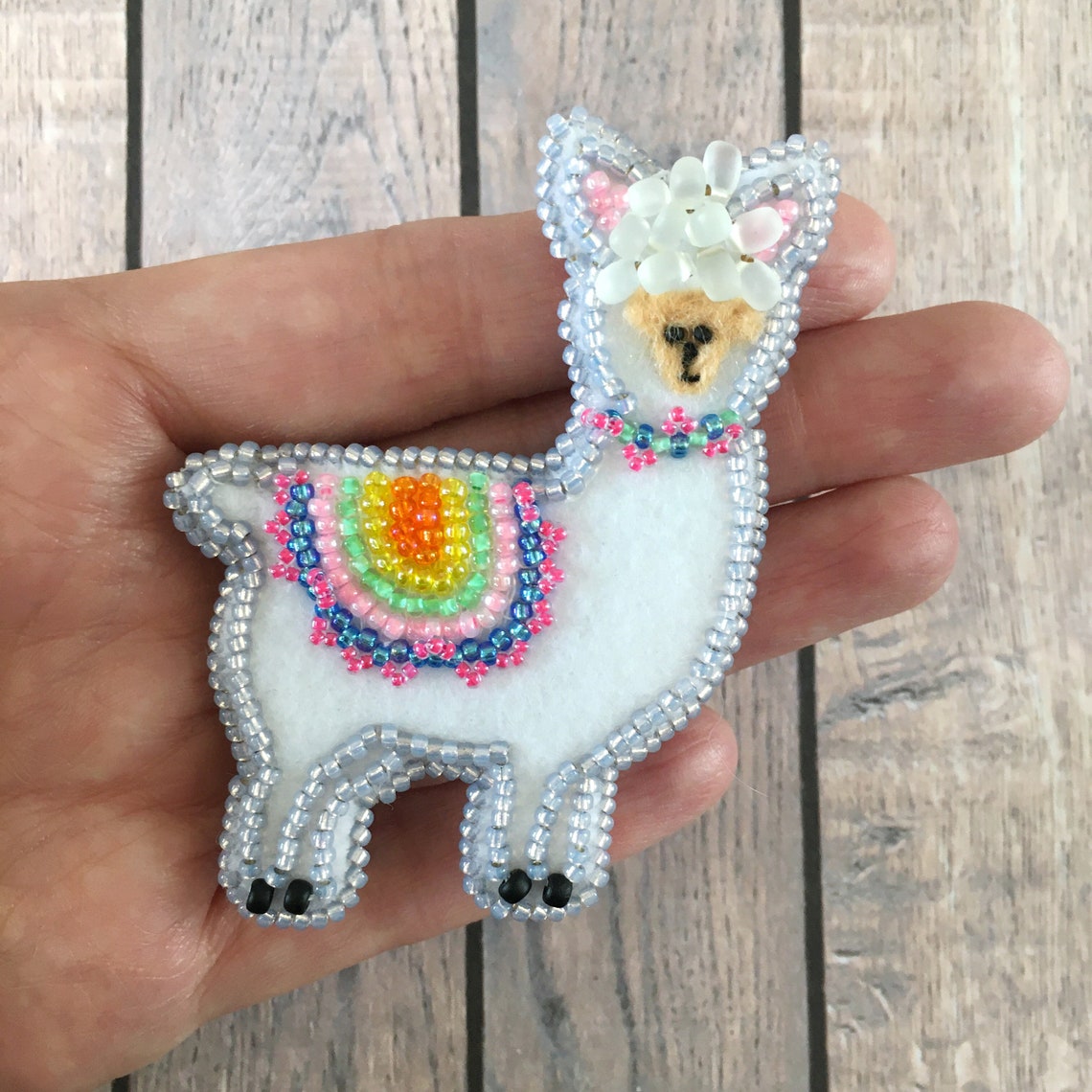 Alpaca Pin, Hand Beaded Brooch Gift for Llama Lover, White Lapel / Hat ...