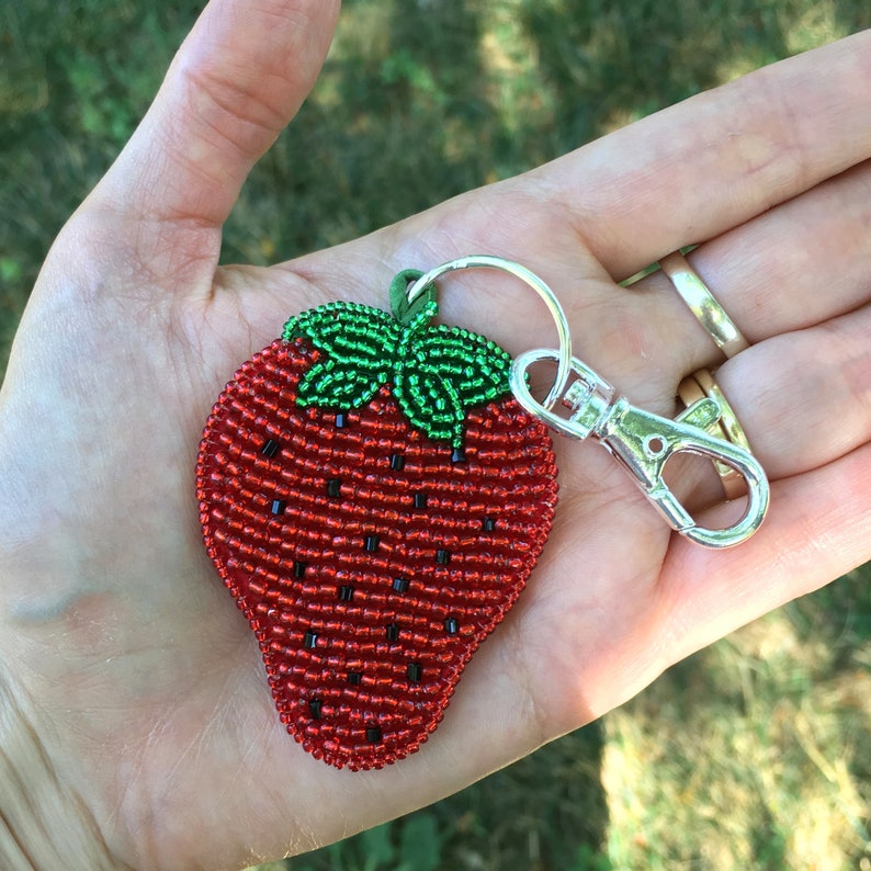 Beaded Strawberry Keychain or Pendant, Hand Embroidered Summer Gift for ...