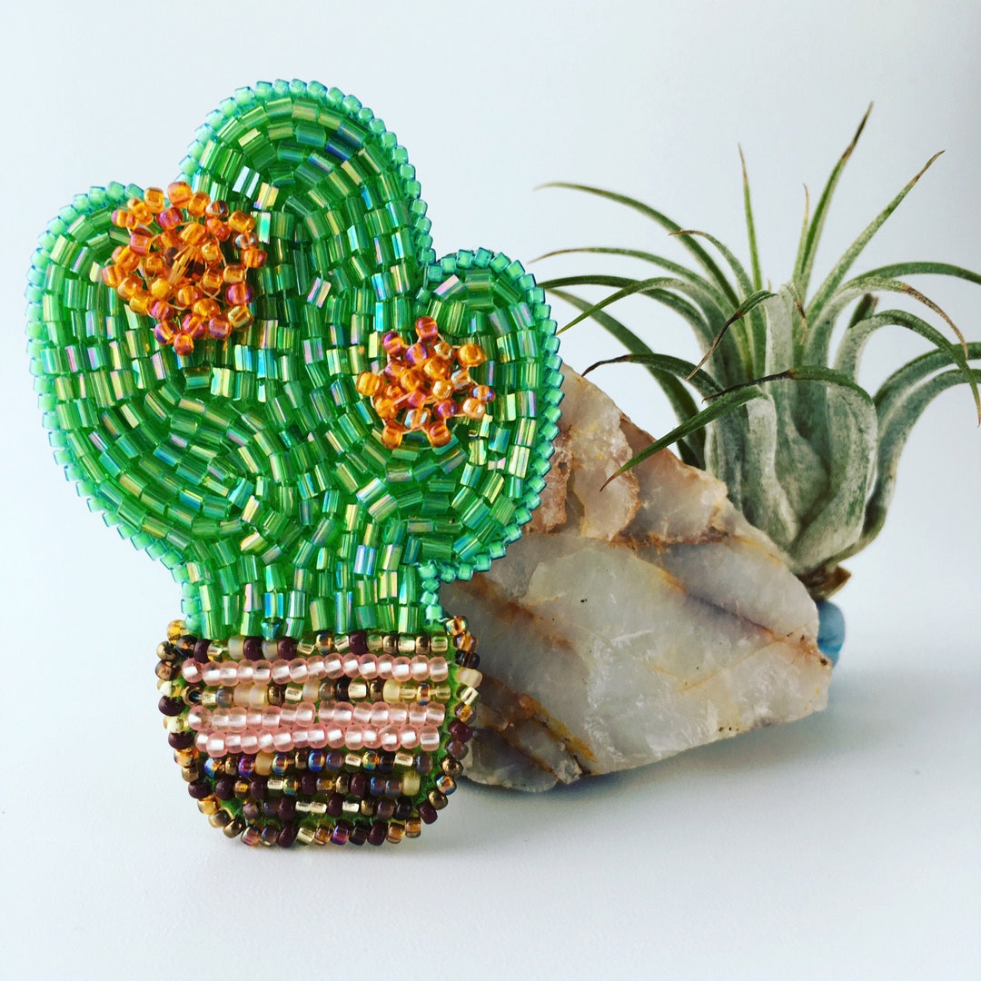 Cactus Brooch, Cute Hand Beaded Cactus Plant Pin With Orange Flowers ...