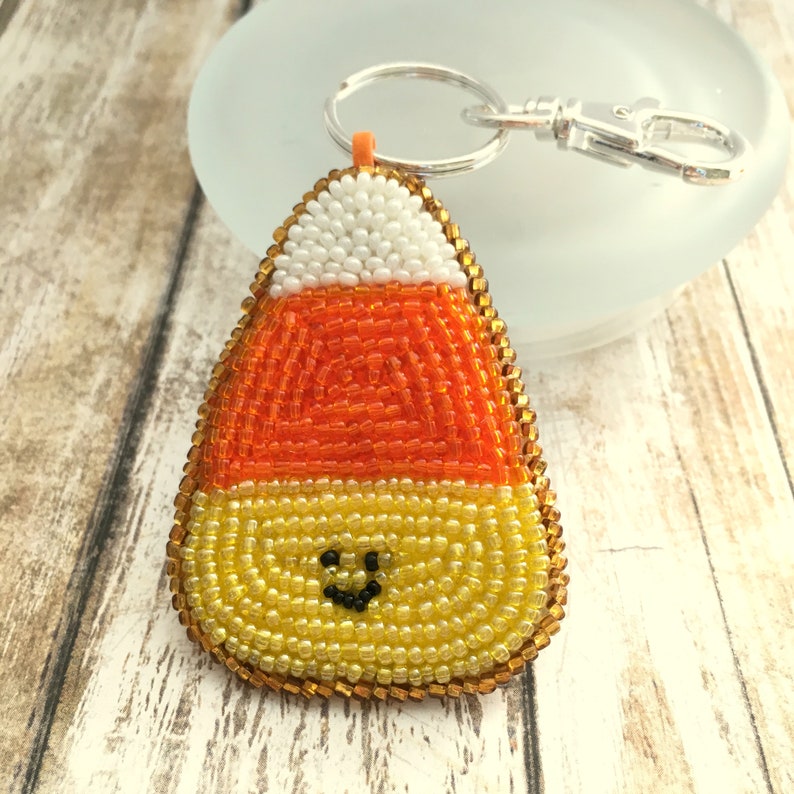 Beaded Candy Corn Keychain or Pendant, Hand Embroidered Fall Gift ...