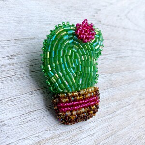 Cactus Brooch Pin With Pink Flower, Hand Beaded, Perfect Gift for ...