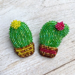 Cactus Brooch Pin With Pink Flower, Hand Beaded, Perfect Gift for ...