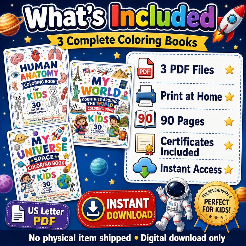 Coloring Pages Bundle Anatomy Geography Space (3 Books), Kids Learning ...