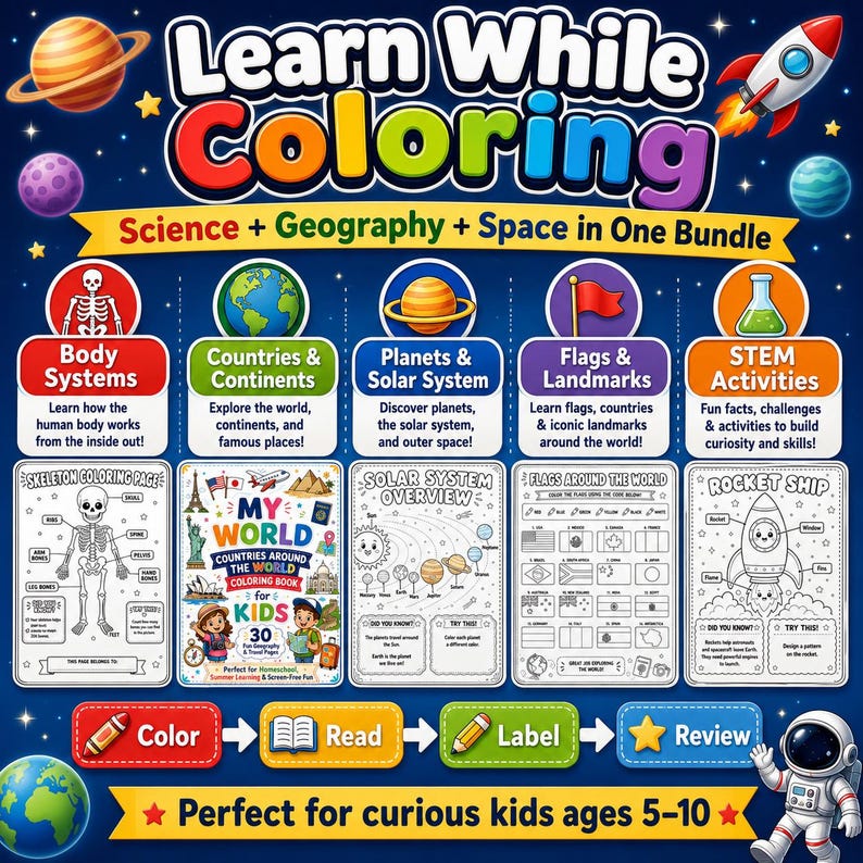 Coloring Pages Bundle Anatomy Geography Space (3 Books), Kids Learning ...
