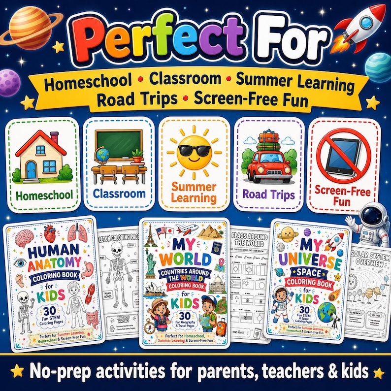 Coloring Pages Bundle Anatomy Geography Space (3 Books), Kids Learning ...