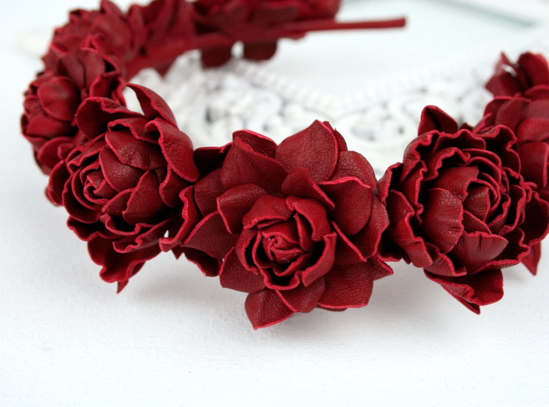 Red Leather Rose Headband, Floral Headpiece, Bridal Headdress - Etsy