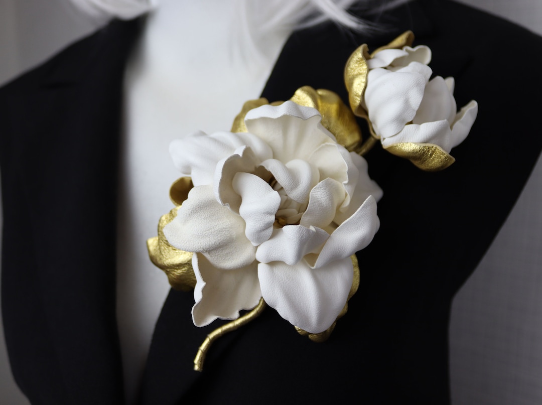 Ivory/gold Leather Magnolia Flower Brooch, Leather Magnolia Pin ...
