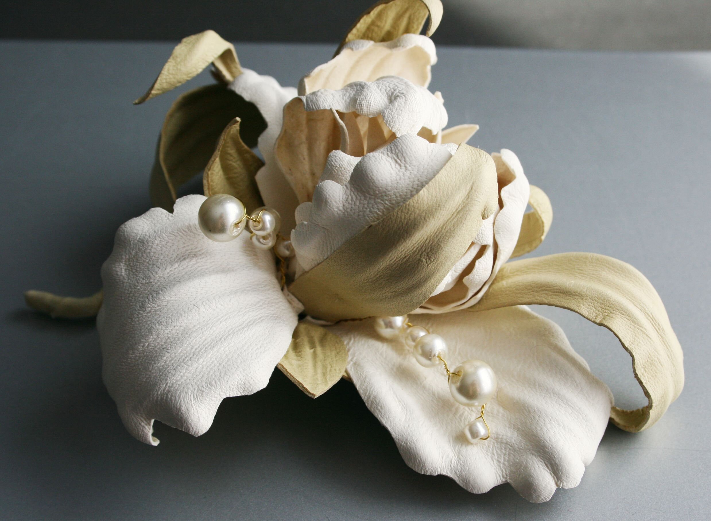 Ivory Soft Beige Leather Iris Flower Brooch/hairclip Real | Etsy