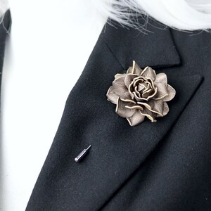 Brown Metallic Leather Rose Flower Men's Lapel Pin. Rose Flower Brooch ...