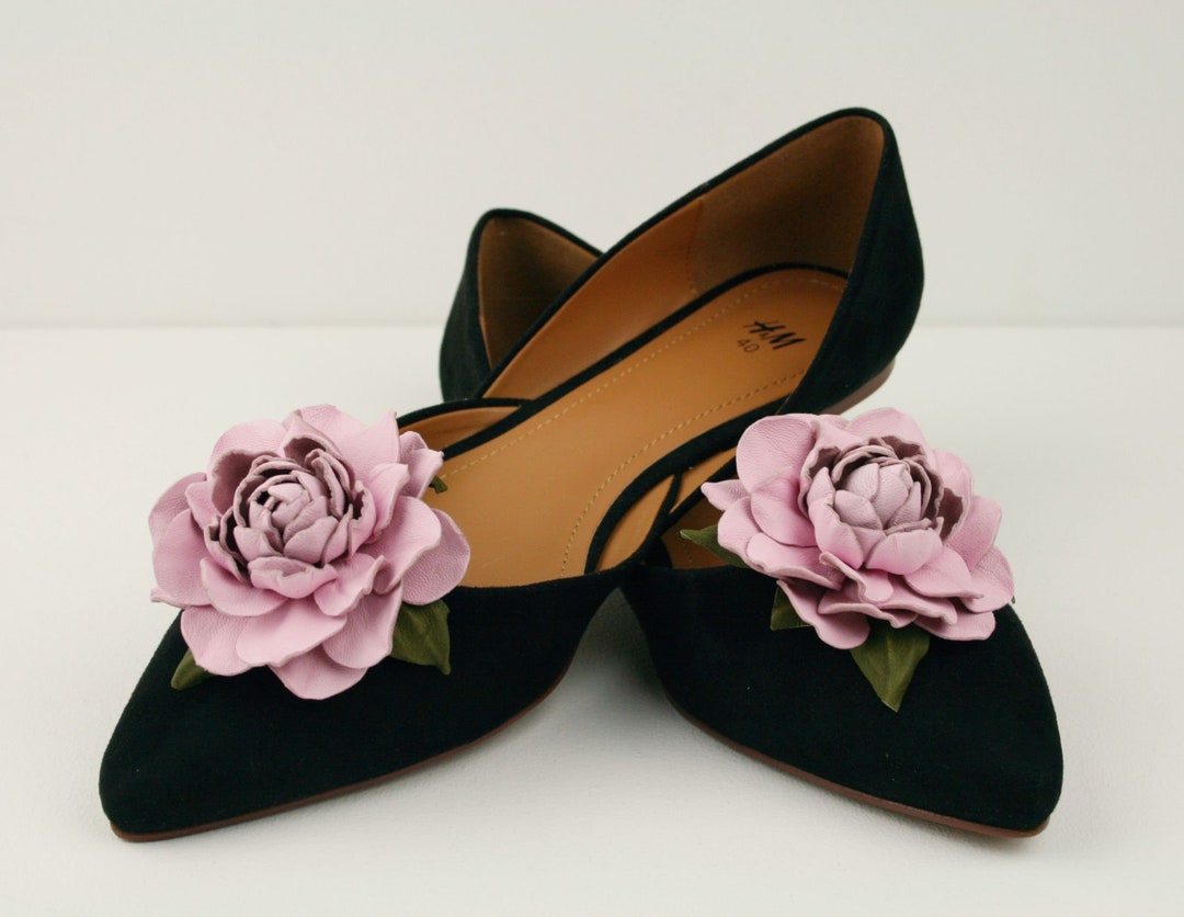 Pink Leather Rose Flower Shoe Clips (set), Genuine Leather Shoe ...