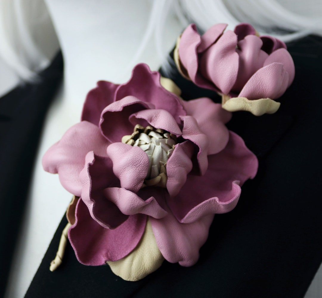 Pink/beige Leather Magnolia Flower Brooch, Leather Magnolia Pin ...