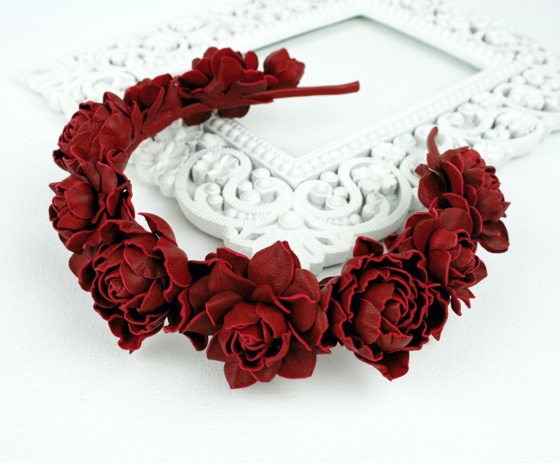 Red Leather Rose Headband Floral Headpiece Bridal Headdress | Etsy