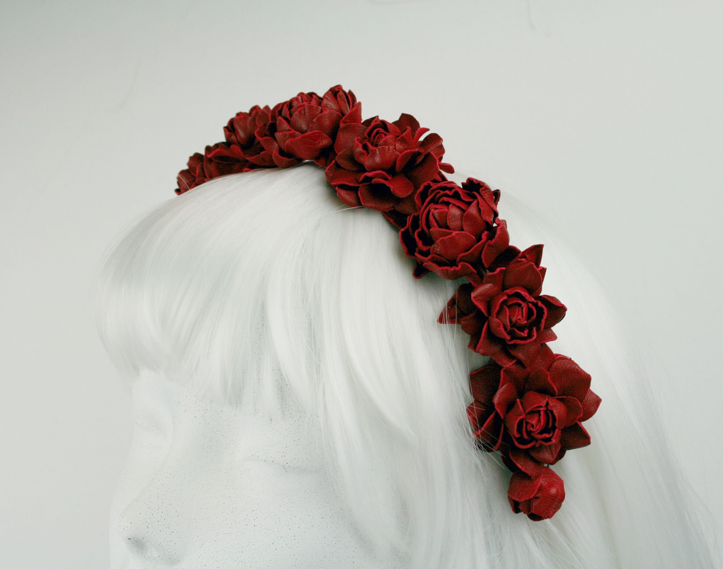 Red Leather Rose Headband Floral Headpiece Bridal Headdress | Etsy