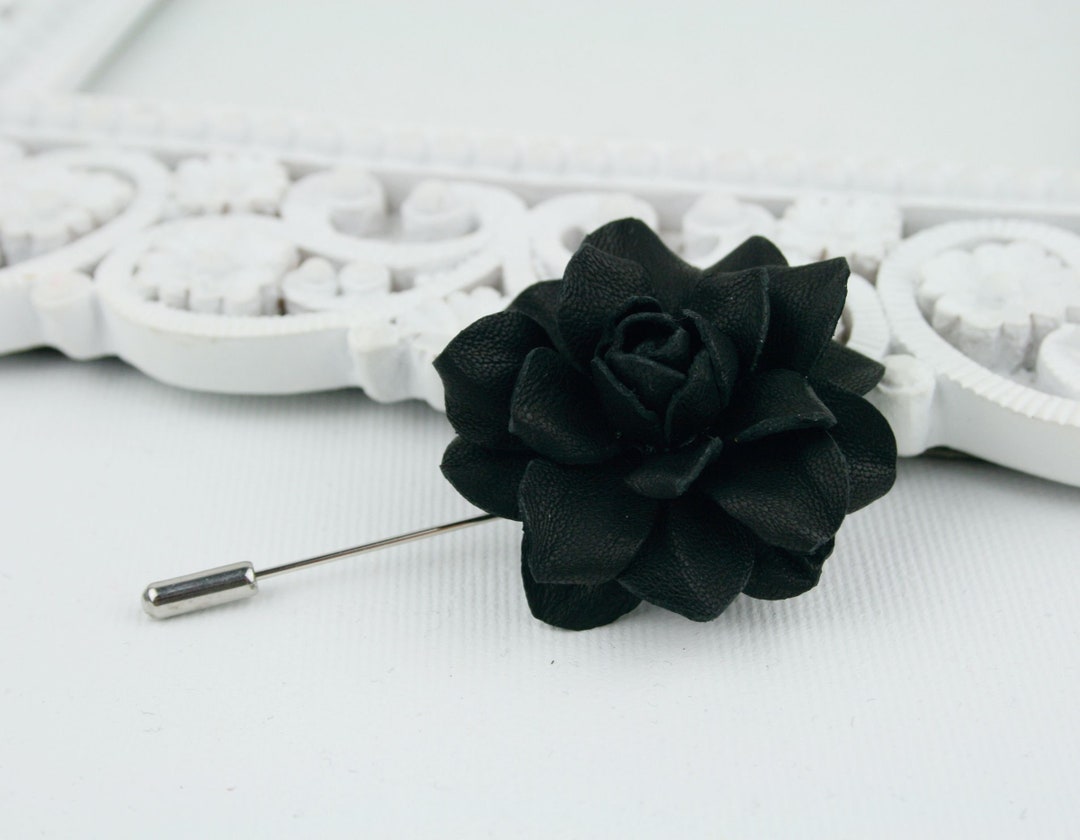 Black Leather Rose Flower Men's Lapel Pin. Rose Flower Brooch. Flower ...