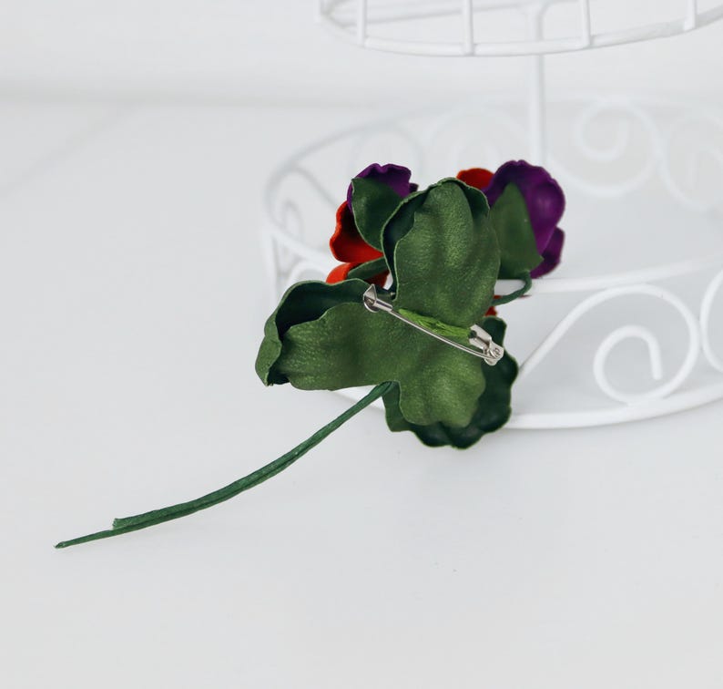 Handmade Leather Pansy Brooch, Purple Orange Floral Botanical Pin ...