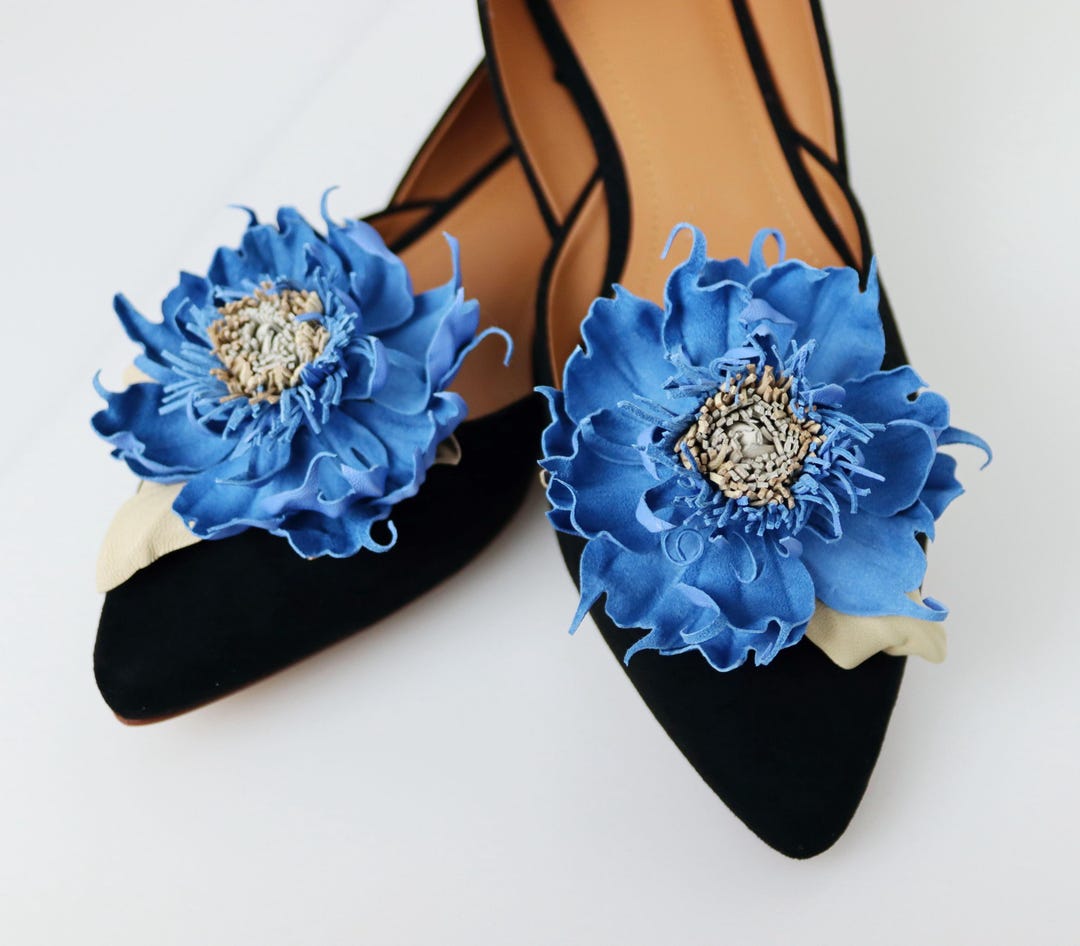 Blue Leather Flower Shoe Clips (set), Genuine Leather Shoe Accessories ...