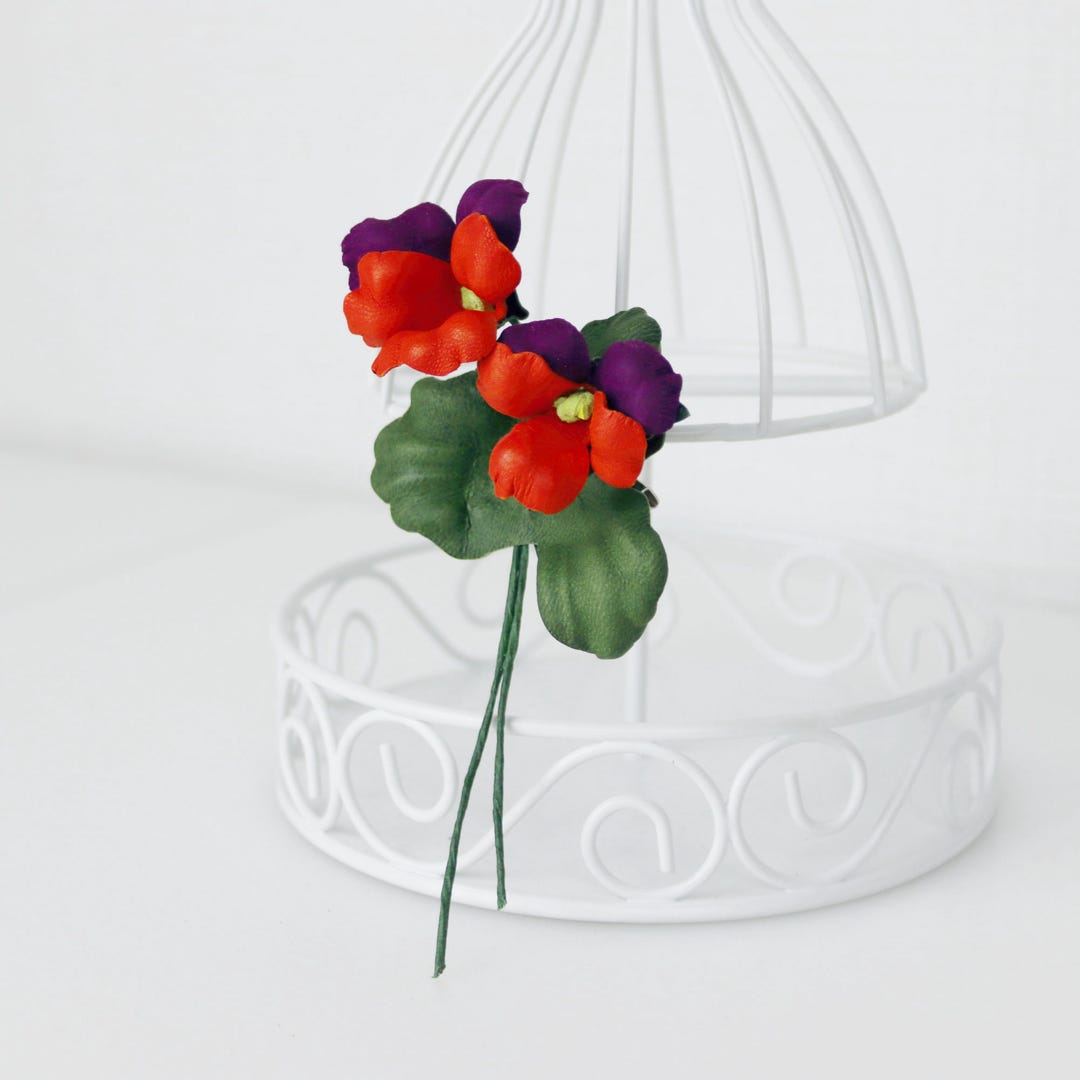 Handmade Leather Pansy Brooch, Purple Orange Floral Botanical Pin ...