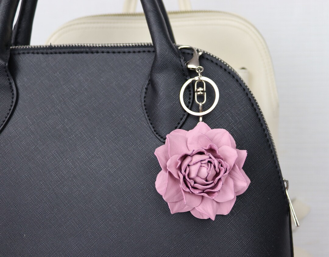 3'' (7 Cm) Pink Leather Rose Keychain / Purse Charm, Leather Floral ...