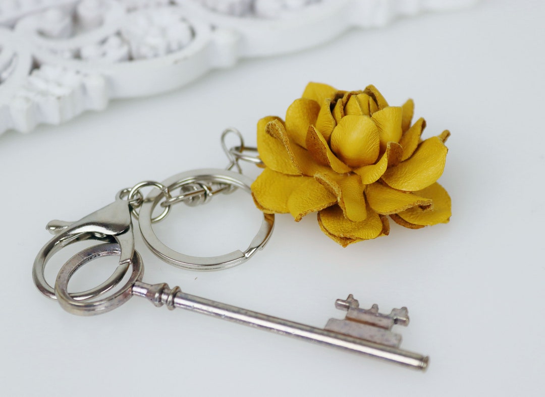 2'' (5 Cm) Yellow Leather Rose Keychain / Purse Charm, Leather Floral ...