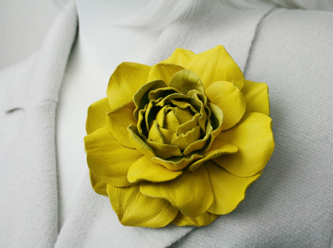 Yellow Leather Rose Flower Brooch Leather Rose Pin Yellow | Etsy