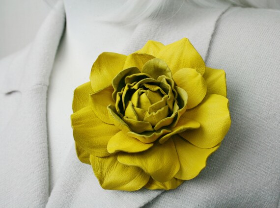 Yellow Leather Rose Flower Brooch Leather Rose Pin Yellow | Etsy