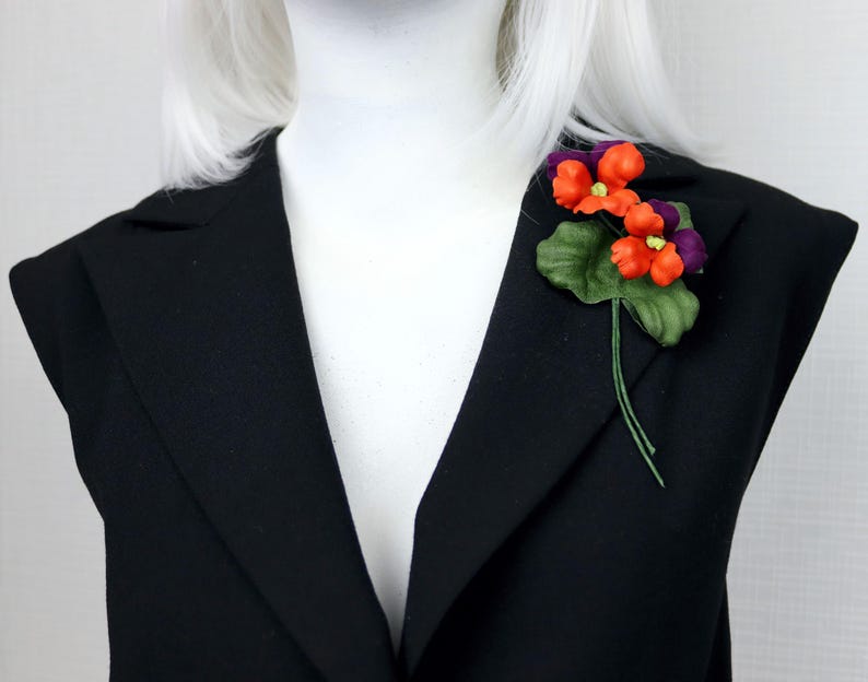 Handmade Leather Pansy Brooch, Purple Orange Floral Botanical Pin ...