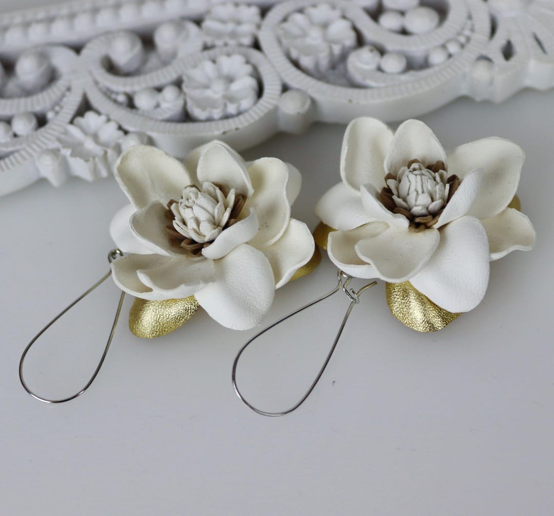 2'' Ivory/gold Leather Magnolia Flower Earrings, Floral Earrings - Etsy