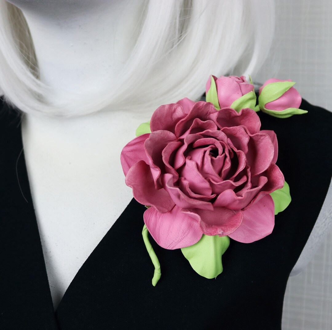Pink Leather Rose Brooch: Handmade Flower Pin With Soft Green Leaves - Etsy
