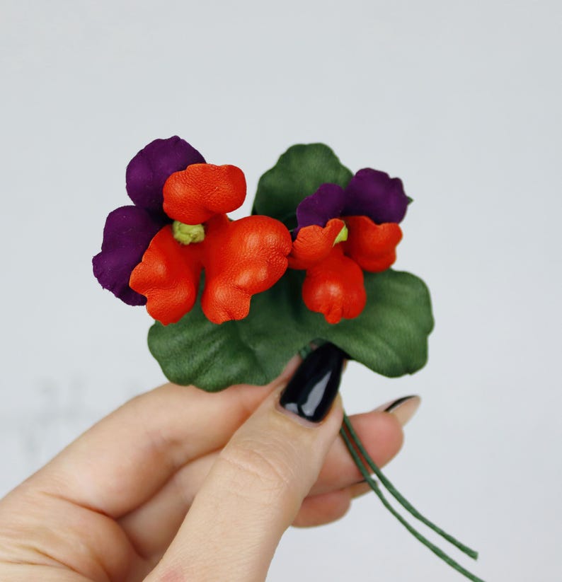 Handmade Leather Pansy Brooch, Purple Orange Floral Botanical Pin ...