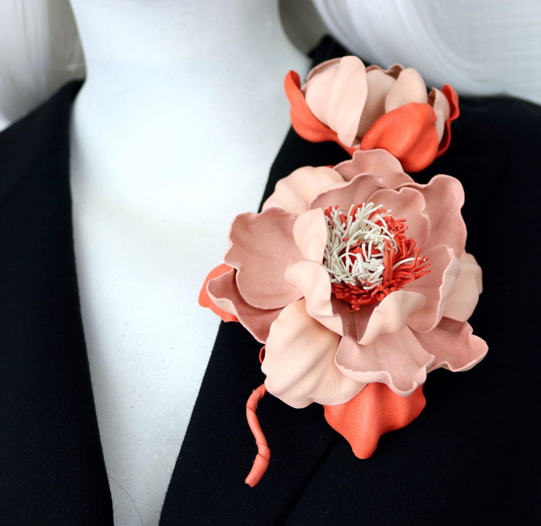 Peach/orange Leather Magnolia Flower Brooch, Leather Magnolia Pin ...