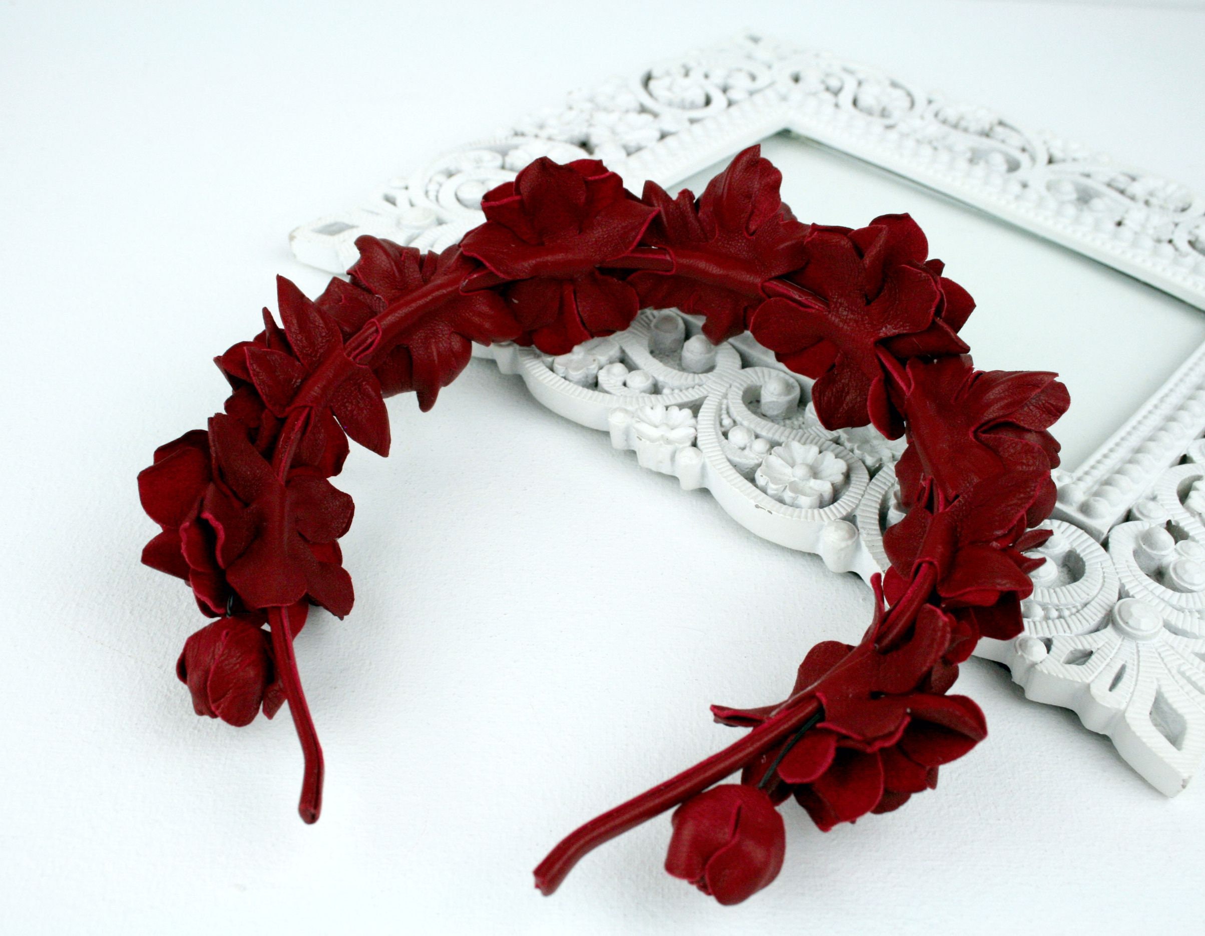 Red Leather Rose Headband Floral Headpiece Bridal Headdress | Etsy