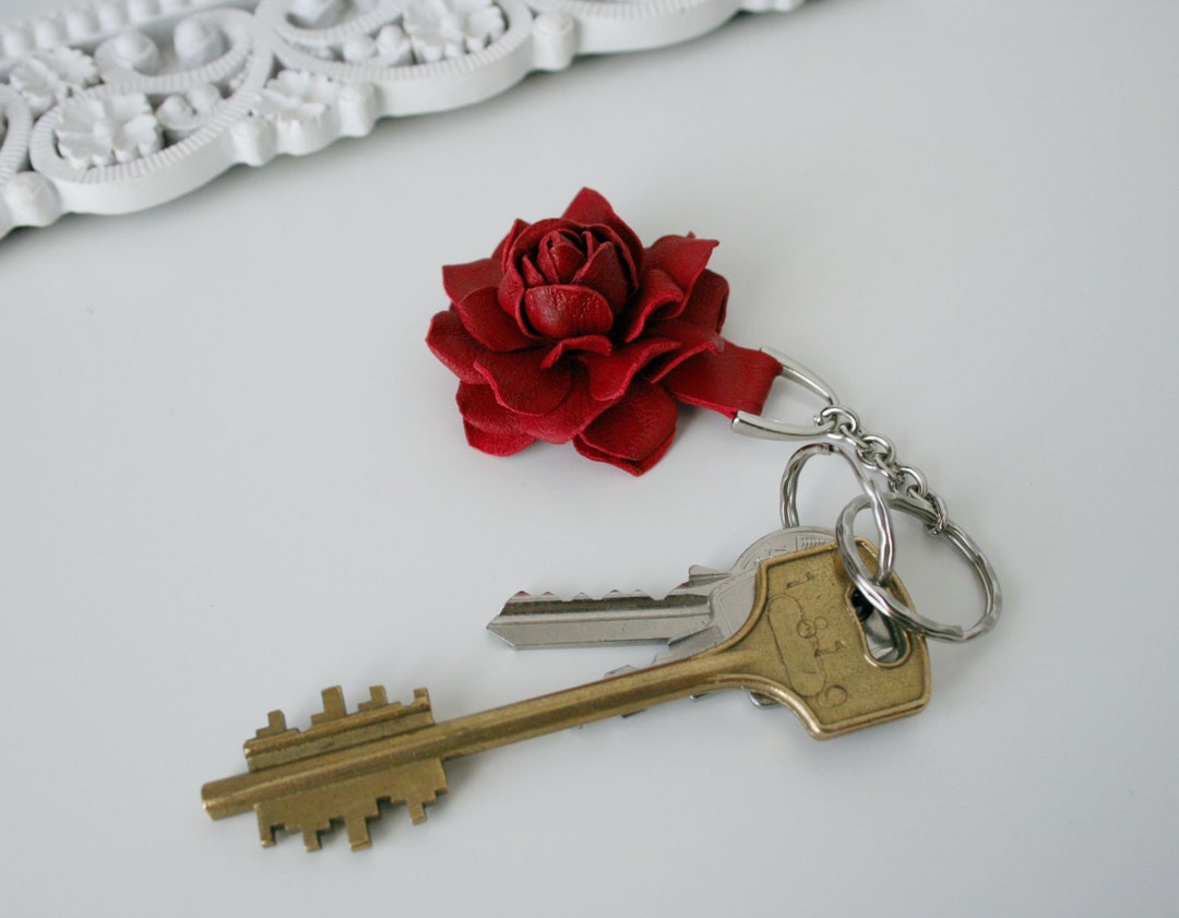 2'' (5 Cm) Red Leather Rose Keychain, Leather Floral Accessories - Etsy